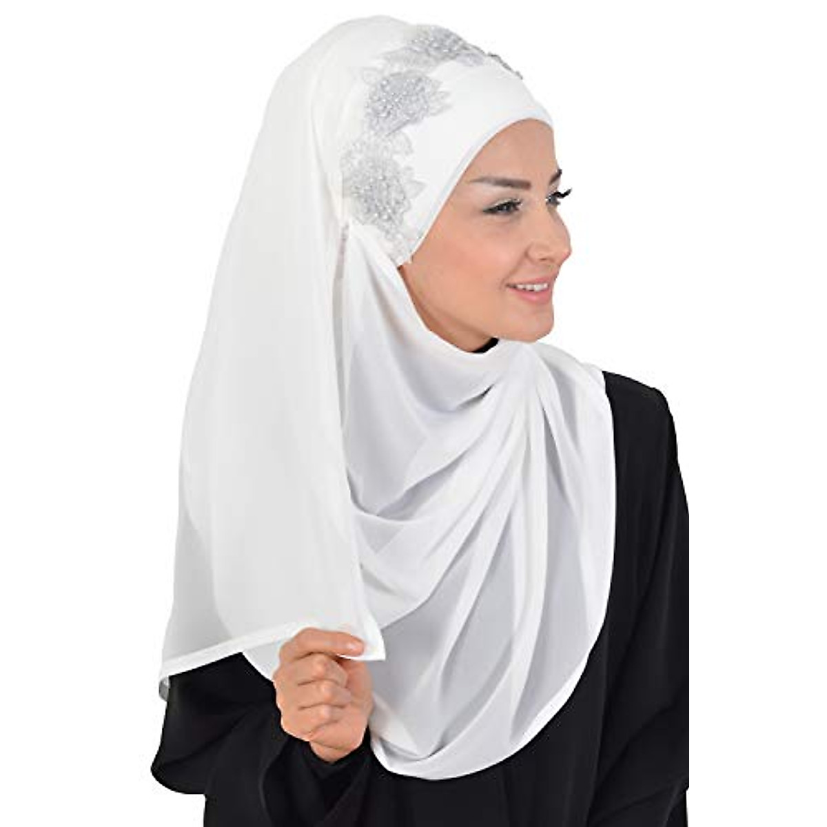 Aisha's Design Chiffon Hijab Shawl for Women Muslim, Turban Scarf with Lace Accessories, Off-White-Silver
