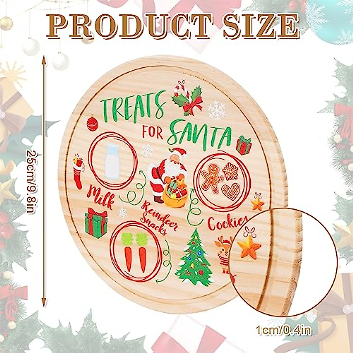 AnyDesign Santa Cookie Plate Round Christmas Wooden Santa Treat Plate Xmas Eve Santa Treat Board Cute Plate Platter Mat Wooden Tray Plate for Christmas Decoration Supplies