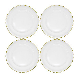 Ms Lovely Clear Glass Charger 12.6 Inch Dinner Plate With Beaded Rim - Set of 4 - Gold