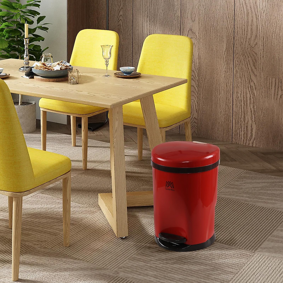 AnnkkyUS 2.6 Gallons Plastic Trash Can with Step Pedal, Plastic Round Garbage Bin, Red