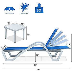 domi outdoor living Adjustable Chaise Lounge Aluminum Outdoor Patio Lounge Chair with Armrest All Weather Five-Position Recliner Chair for Patio,Pool,Beach,Yard w/Table(Blue)