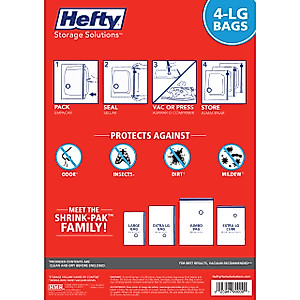 Hefty Shrink-Pak - 4 Large Vacuum Storage Bags for Storage for Clothes, Pillows, Towels, or Blankets - Space Saver Vacuum Sealer Bags Ideal Under Bed Storage Solutions