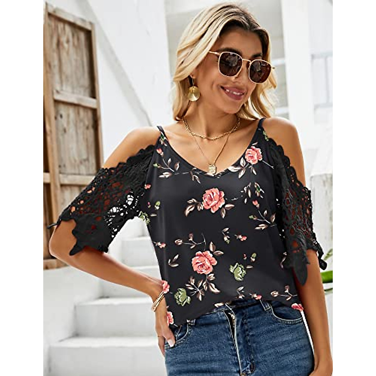 TFSDOD Print Cold Shoulder Tops for Women V Neck Lace Cutout Tunics Shirts Casual Strap Short Sleeve Shirts Black Red Floral XLarge