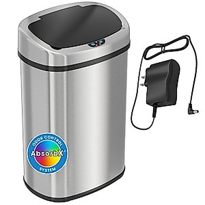 SensorCan 13 Gallon Automatic Touchless Sensor Kitchen Trash Can with AC Adapter and Odor Filter Kit, Stainless Steel, Oval Shape, Battery Free Operation with Included AC Adapter
