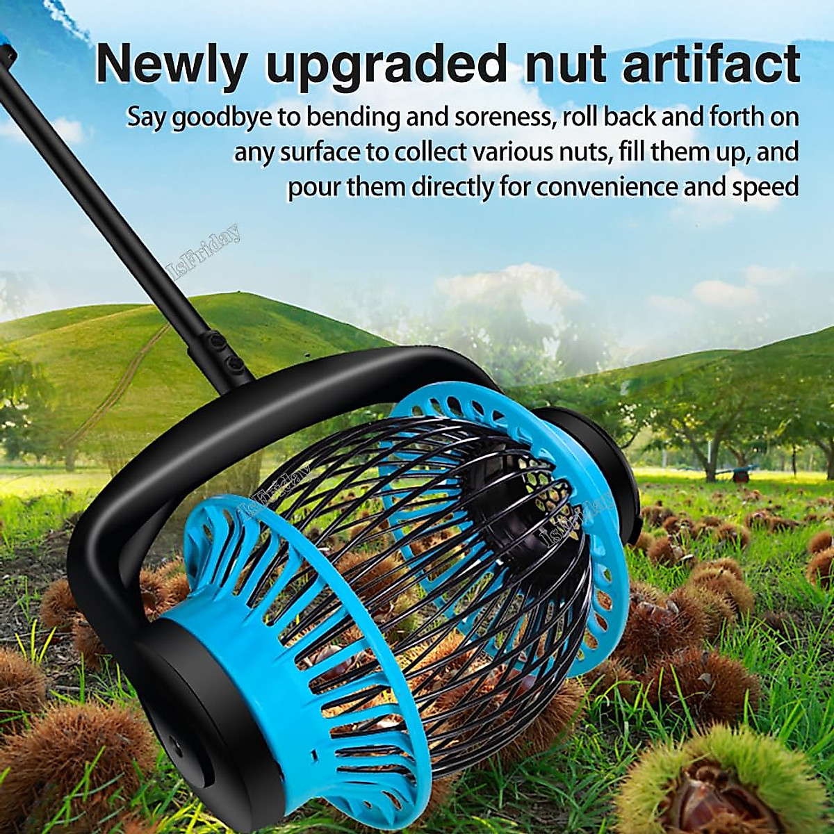 GEEZO Nut Gatherer, Acorn Picker Upper - Side Opening Dump | Pecan Picker Upper - Apply to Acorns, Hickory Nuts, Spiked Balls, Nerf Darts, Golf, Objects 3/4'' to 1-1/2''; 55 inch, 1 Gallon (Blue)