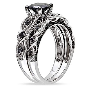 Round Cut Created Black Diamond Milgrain Engagement Bridal Ring Set 14k White Gold Plated 925 Sterling Silver