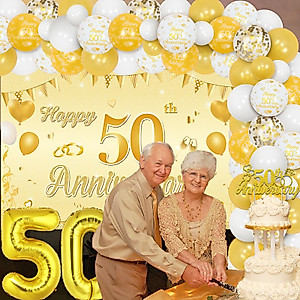 50th Golden Wedding Anniversary Decorations - Happy 50th Anniversary Gold and White Balloon Arch Kit with Backdrop, Cake Topper, Foil Balloons for Cheers to 50th Anniversary Party Supplies