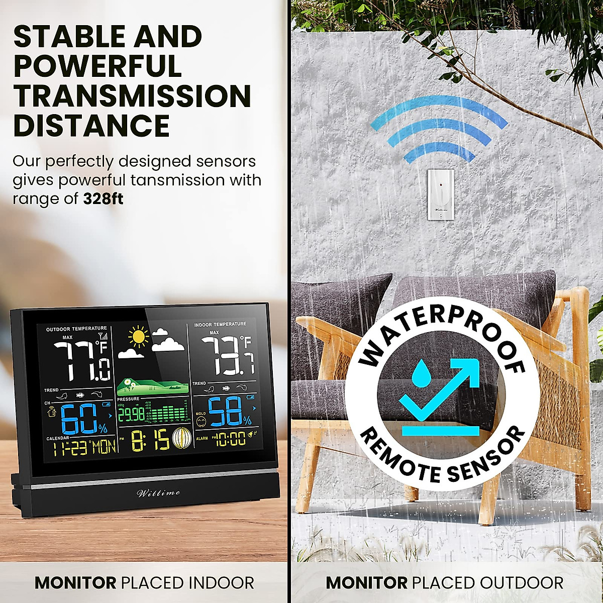 Wittime 2076B Weather Station with Atomic Clock Wireless Indoor Outdoor ...