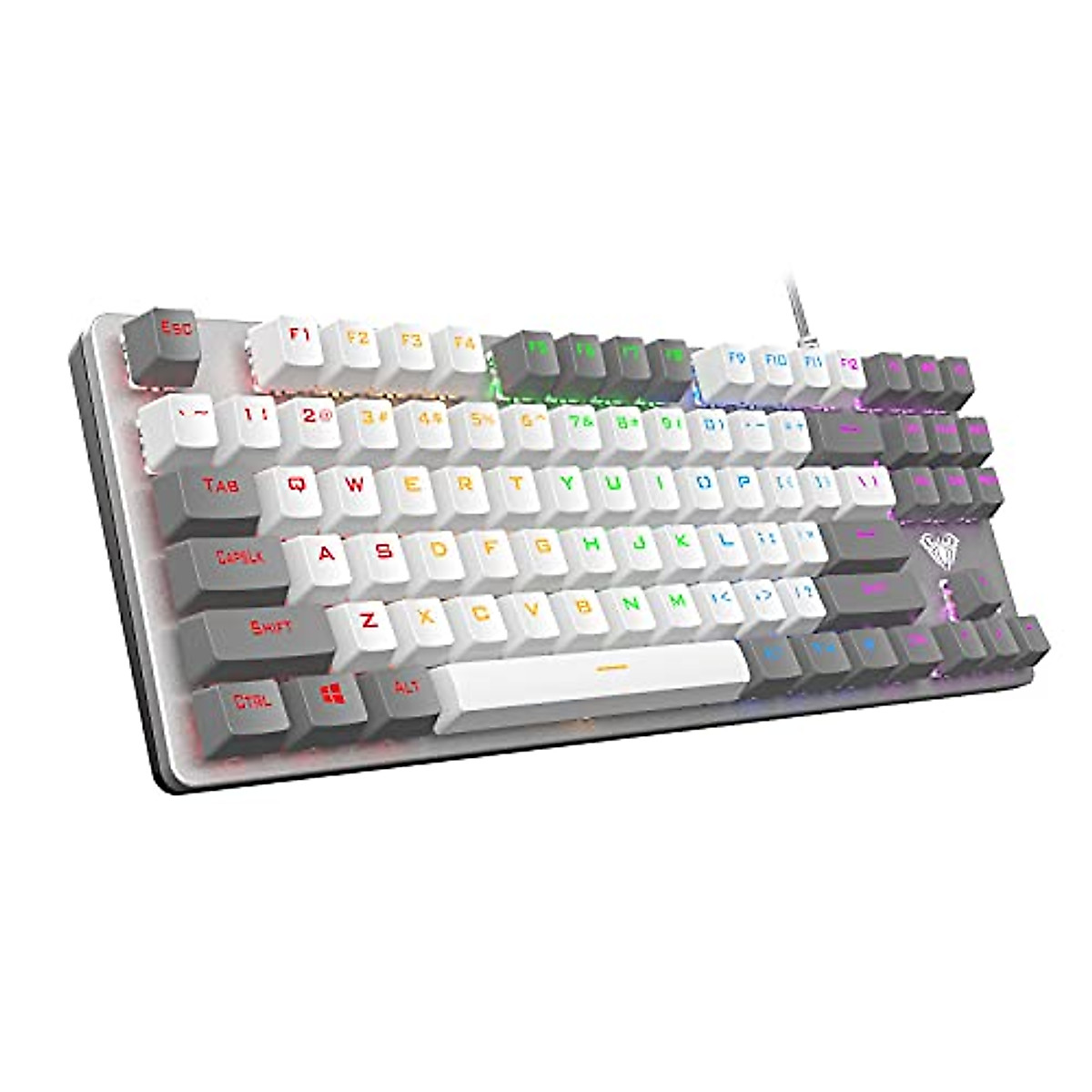 AULA F3287 Wired TKL Rainbow Mechanical Gaming Keyboard, 80% Compact Tenkeyless 87 Keys Layout w/Tactile Red Switches, White & Grey Mixed-Color Keycaps, Programmable Macro Keys