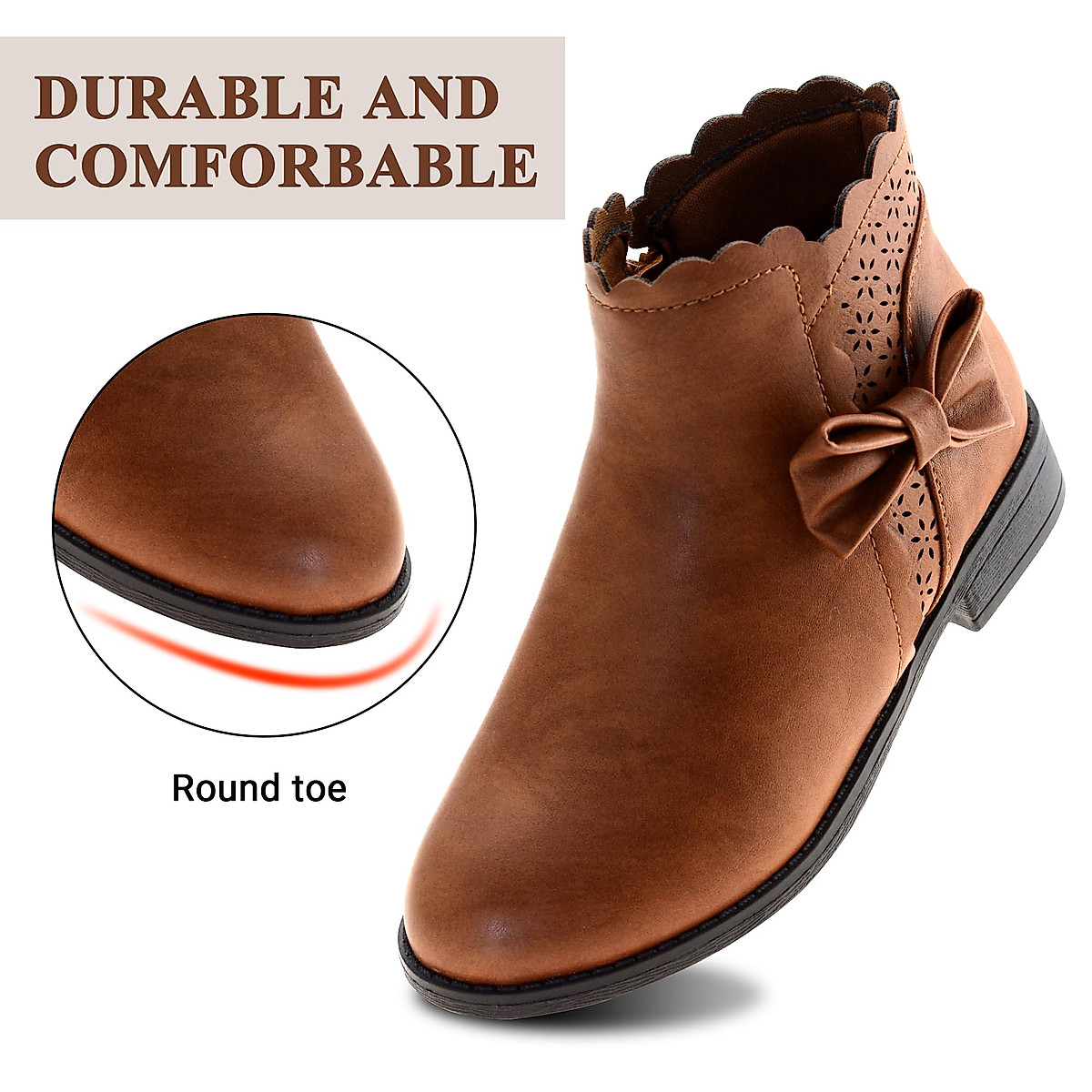 LseLom Girls Ankle Boots Kids Ankle Booties Bow Side Zipper Low Heel Outdoor Warm Shoes for Little Kids/Big Kids PU Brown Size 12