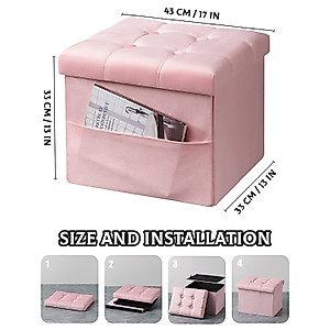 Storage Ottoman Foot Stool, 17 inches Folding Ottoman with Storage, Velvet Storage Bench with Side Pocket, Foot Rest for Living Room, Bedroom, Pink