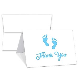 Baby Boy Blue Footprint Thank You Greeting Cards, Baby Shower, Birthdays, Invitation Congratulations Celebration Celebratory Appreciation Cards – 25 per Pack, Envelopes Included – 4.25" x 5.5"