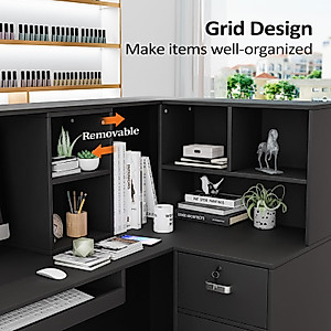 LEADZM L-Shaped Reception Desk with Counter, Front Desk with Lockable Drawers & Adjustable Shelf, Retail Checkout Counter for Beauty Salon Office, Black (55.9" W x 18.9" D x 48" H)