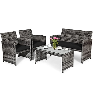 HAPPYGRILL 4 PCS Patio Conversation Set with Soft Cushions Rattan Furniture Set with PE Wicker Coffee Table & Sofa Chairs for Garden Poolside Porch Backyard