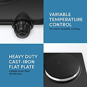 Elite Gourmet ESB-301BF# Countertop Single Cast Iron Burner, 1000 Watts Electric Hot Plate, Temperature Controls, Power Indicator Lights, Easy to Clean, Black