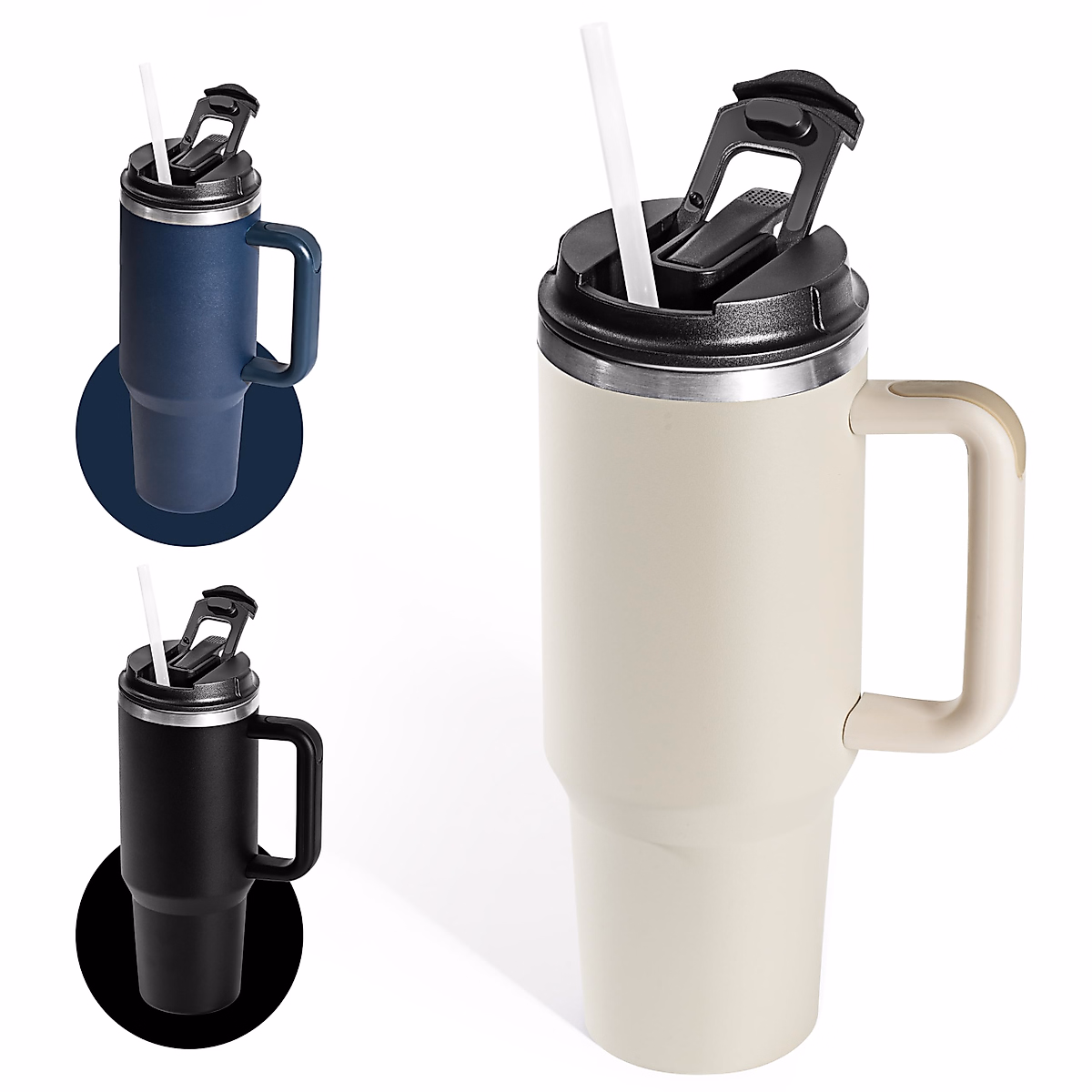 Klickpick Home 40 Ounce Stainless Steel Vaccum Insulated Thermal Tumbler With Handle Lid 2 straws, Reusable Travel Coffee Mug Cup Cupholder friendly, Keeps cold for 30 H, 100% Leakproof (Cream)