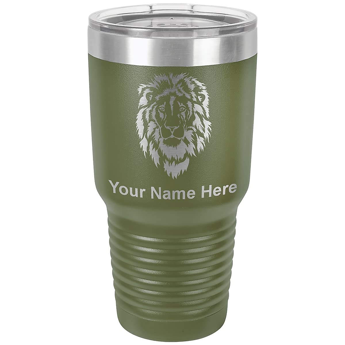 LaserGram 30oz Vacuum Insulated Tumbler Mug, Lion Head, Personalized Engraving Included (Camo Green)