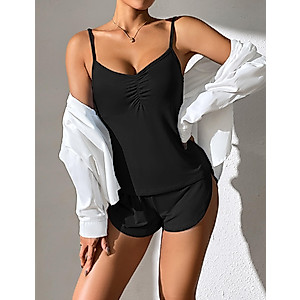 Ekouaer Women Pajamas Set Cami Sleepwear Lingerie V Neck Soft PJS Set with Shorts Black, Medium