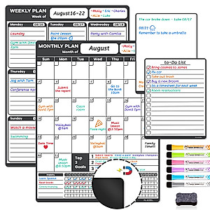 ALEZEL Magnetic Calendar for Refrigerator - 13"x17", Dry Erase Fridge Calendar Set (4 Boards) - Monthly & Weekly Planner Whiteboard, Blank & to Do List White Board, 6 Markers + Eraser