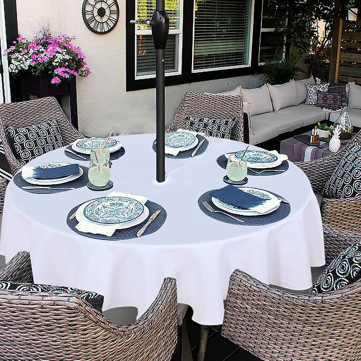Fitable Table Cover Outdoor and Indoor Tablecloth - Washable Waterproof Wrinkle Free Table Cloth with Zipper and Umbrella Hole for Spring/Summer/Party/Picnic/BBQS/Patio White 60R