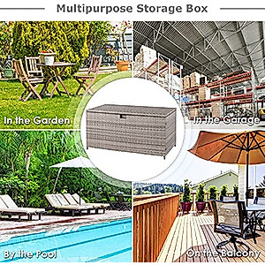 glitzhome Patio Wicker Storage Trunk with Lid, 140 Gallons Overside Outdoor Oversized All-Weather Cushion Storage Deck Box for Garden Tools, Pool Toys, Grey
