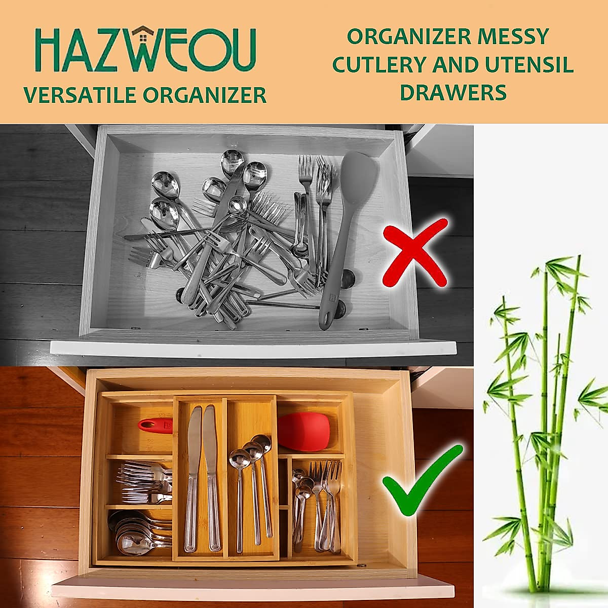 HAZWEOU Bamboo Silverware Organizer - Kitchen Drawer Organizer and Utensil Organizer - Cutlery – Flatware - Hardware Organizer, with Small Slidable Organizer(Natural)