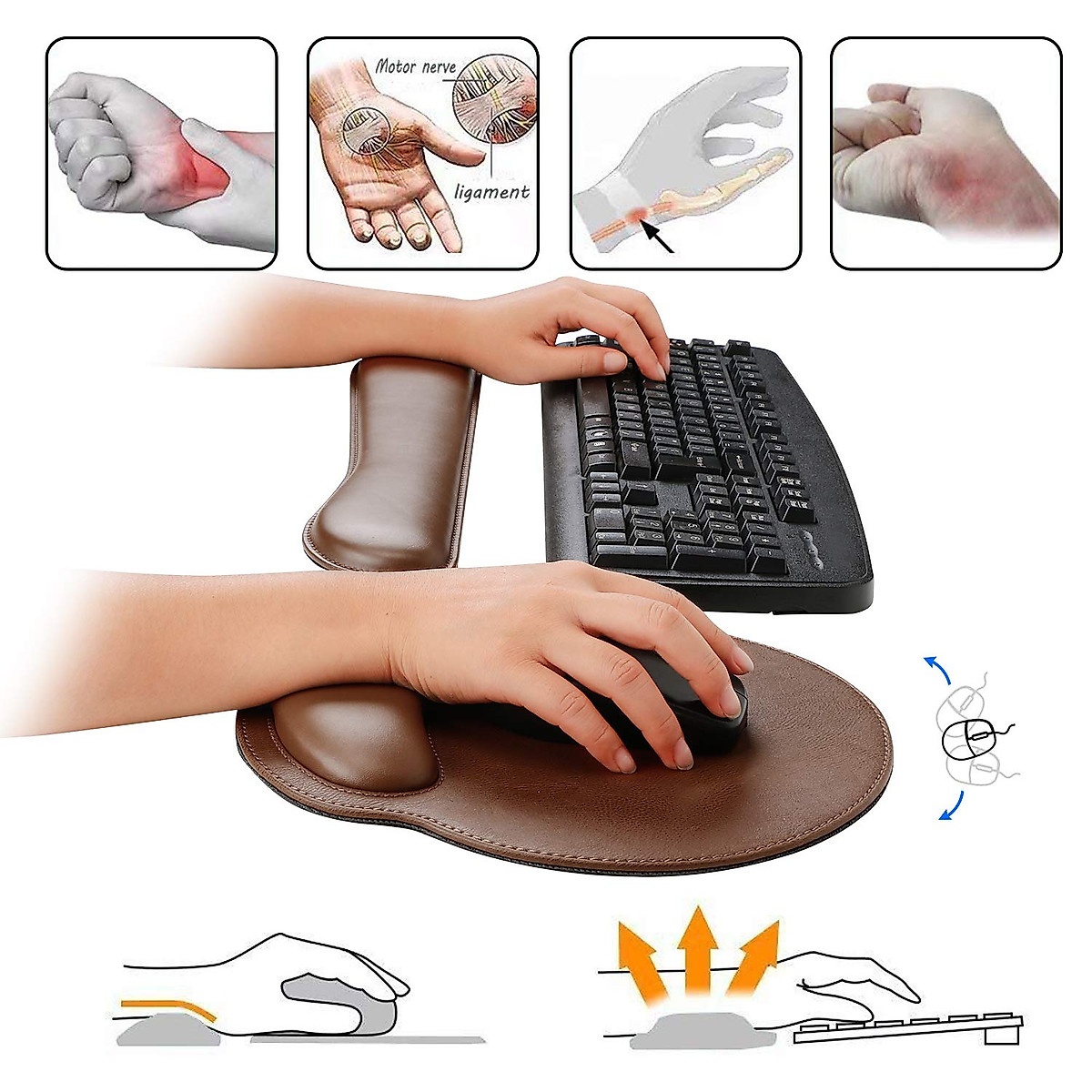 RICHEN Ergonomic PU Leather Keyboard Wrist Rest and Mouse Pad with Wrist Support, Memory Foam Set for Computer/Laptop,Gaming and Office, Comfortable for Easy Typing & Pain Relief (PU Brown)