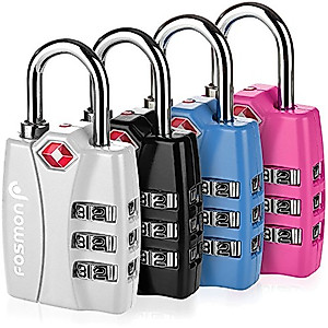 Fosmon TSA Accepted Luggage Locks, (4 Pack) Open Alert Indicator 3 Digit Combination Padlock Codes with Alloy Body for Travel Bag, Suit Case, Lockers, Gym, Bike Locks - Black, Blue, Pink, and Silver