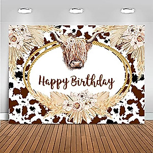 Mocsicka Highland Cow Birthday Backdrop Boho Highland Cow Happy Birthday Party Decorations Holy Cow Birthday Decorations Girl Cake Table Banner Birthday Party Supplies (7x5ft (82x60 inch))