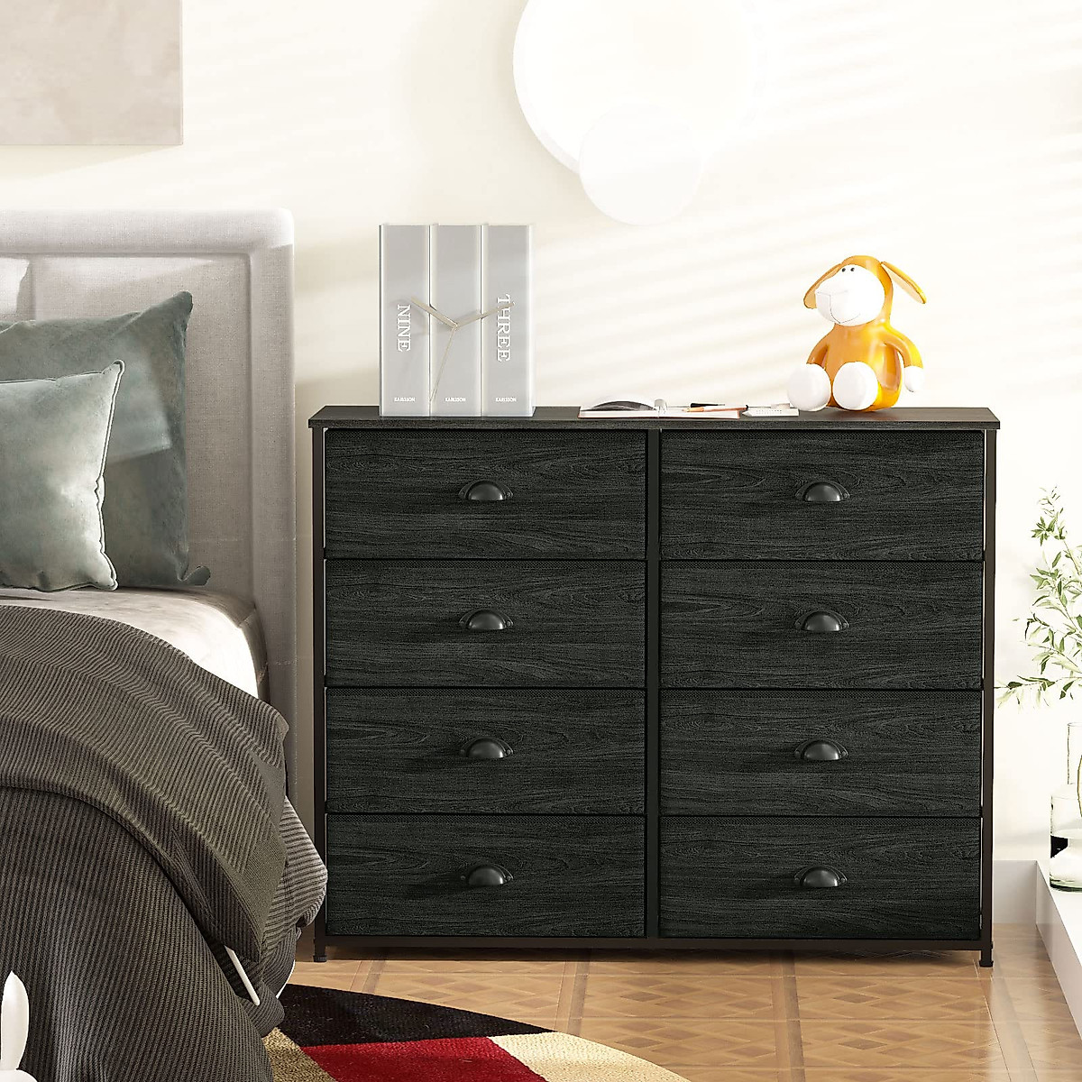 Furnulem 8 Drawer Dresser for Bedroom, TV Stand with Fabric Bins for 50'' TV, Large Chest of Drawers for Bedroom, Office, Dorm, Closet, Kids Room, Sturdy Metal Frame & Wood Top (Black Oak)