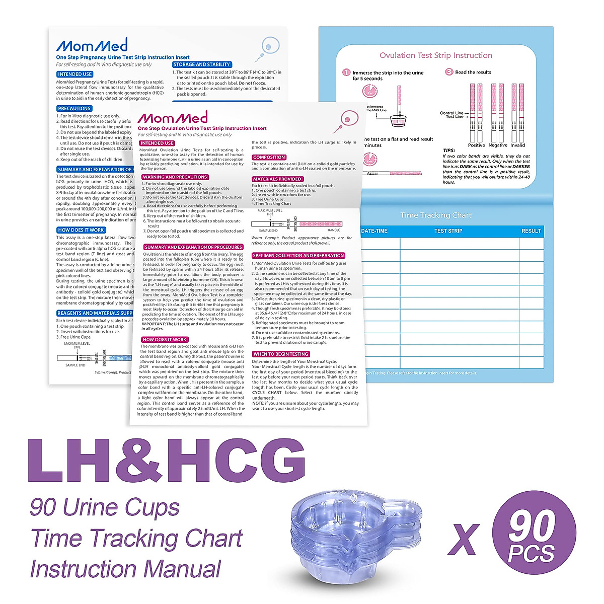 MomMed Ovulation and Pregnancy Test Strips (HCG20-LH70), at Home Ovulation Predictor Kit Includes 20 Pregnancy Tests, 70 Ovulation Test Strips and 90 Urine Cups, Accurate Fertility Test, OPK Tests