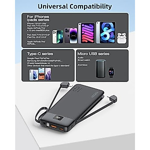 ANOUV Portable Charger with Built-in Cables&AC Wall Plug,10000mAh Power Bank,PD 22.5W USB-C Fast Charging External Battery Pack with LED Display Compatible with iPhones and All Smart Device（1 Pack）