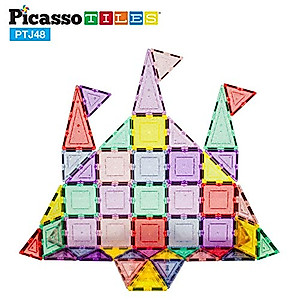 PicassoTiles Magnetic Tiles Blocks Magnet Tile Magnets Building Blocks Construction Toy Set with Reflective Leaf Flakes Magnetic Building Tiles Toys STEM Learning Kit Stacking Block Playset PTJ48