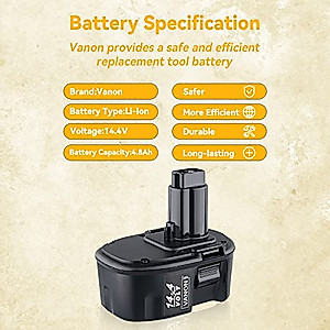 VANON [Upgraded to 4.8Ah 14.4V DC9091 DW9094 Ni-MH Replacement for DeWALT 14.4V Battery XRP DW9091 DW935 DE9038 DE9091 DE9092,2Pack
