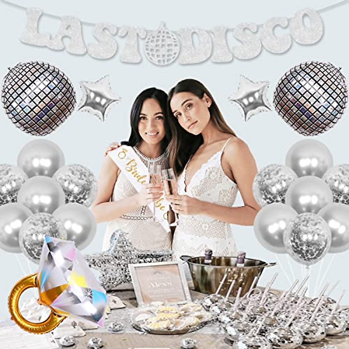 Last Disco Bachelorette Party Decorations Silver Last Disco Banner, Disco Ball Ring Balloons, Bride To Be Sash, Foil Fringe Curtain for Bridal Shower Retro 70s Bach Dance Music Festival Party Supplies