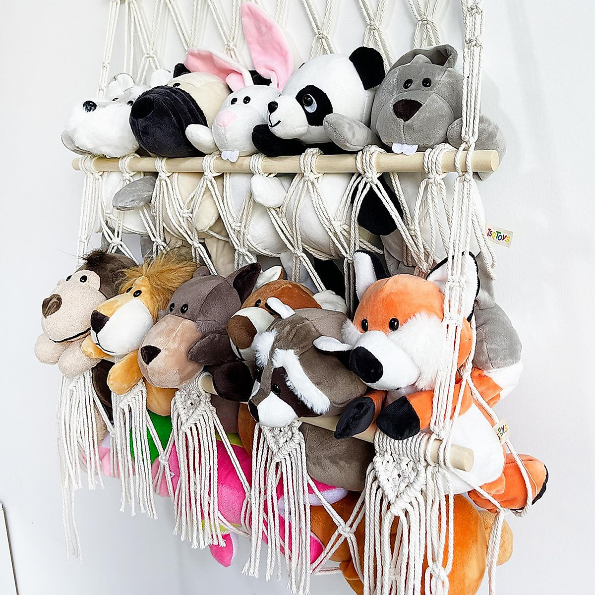 Sinolmaibe Stuffed Animal Hammock, Double Layer Woven Toy Net With Tassels, Net Bag Storage Rack Bookshelf Hammocks Home Decor Book Shelves, Stuffed Animal Toy Storage Holder
