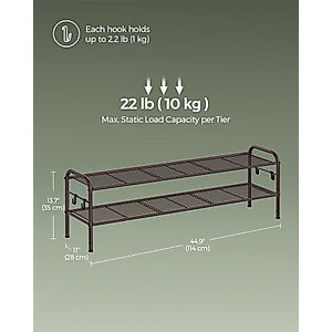 SONGMICS Shoe Rack, 2-Tier Shoe Organizer, Metal Shoe Shelf Storage with 4 Side Hooks, Holds 12 Pairs of Shoes, Height-Adjustable Shoe Rack for Entryway, Hallway, Closet, Easy Assembly, Chestnut Brown