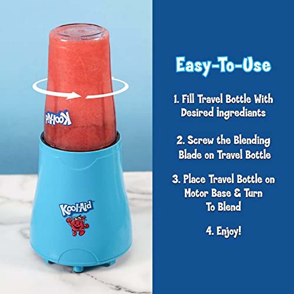 Nostalgia Kool-Aid Slush ‘N Go Personal Blender for Smoothies, Slushies, Shakes, and Fruit Blends, Includes Two 15 Oz Travel Bottles, Cup Lid, and Reusable Straw, Blue