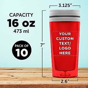 Custom Insulated Double Wall Travel Tumbler with Lid 16 oz. Set of 10, Personalized Bulk Pack - Perfect for Iced Coffee, Soda, Other Hot & Cold Beverages - Red