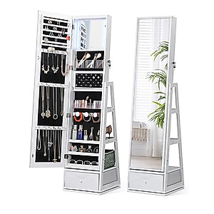 Nicetree 360° Swivel Jewelry Cabinet with Lights, Touch Screen Vanity Mirror, Rotatable Full Length Mirror with Jewelry Storage, Standing Jewelry Armoire Organizer, Foldable Makeup Shelf, White