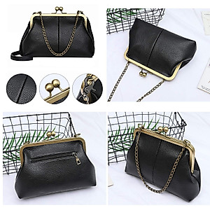 Women Small Vintage Chains Handbag - Pu Leather Kiss Lock Purse(Black)
