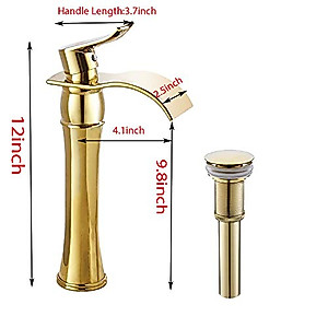 GGStudy Single Handle One Hole Bathroom Vessel Sink Faucet Matching Pop Up Drain Without Overflow Gold Finish