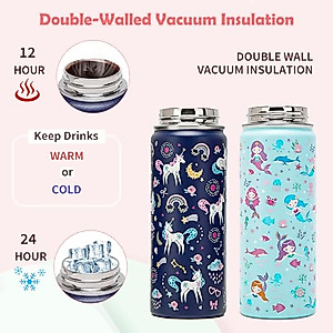 ACESAK 18oz Kids Insulated Water Bottle with Straw Lid - 18/8 Stainless Steel Kid Cup Travel Tumbler Double Wall Vacuum Leak Proof Portable Toddler Water Bottle (Unicorn + Mermaid)