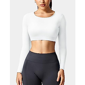 YEOREO Ultimate Workout Crop Tops for Women Long Sleeve Open Back Shirts Padded Bra Backless Yoga Gym Tops White L