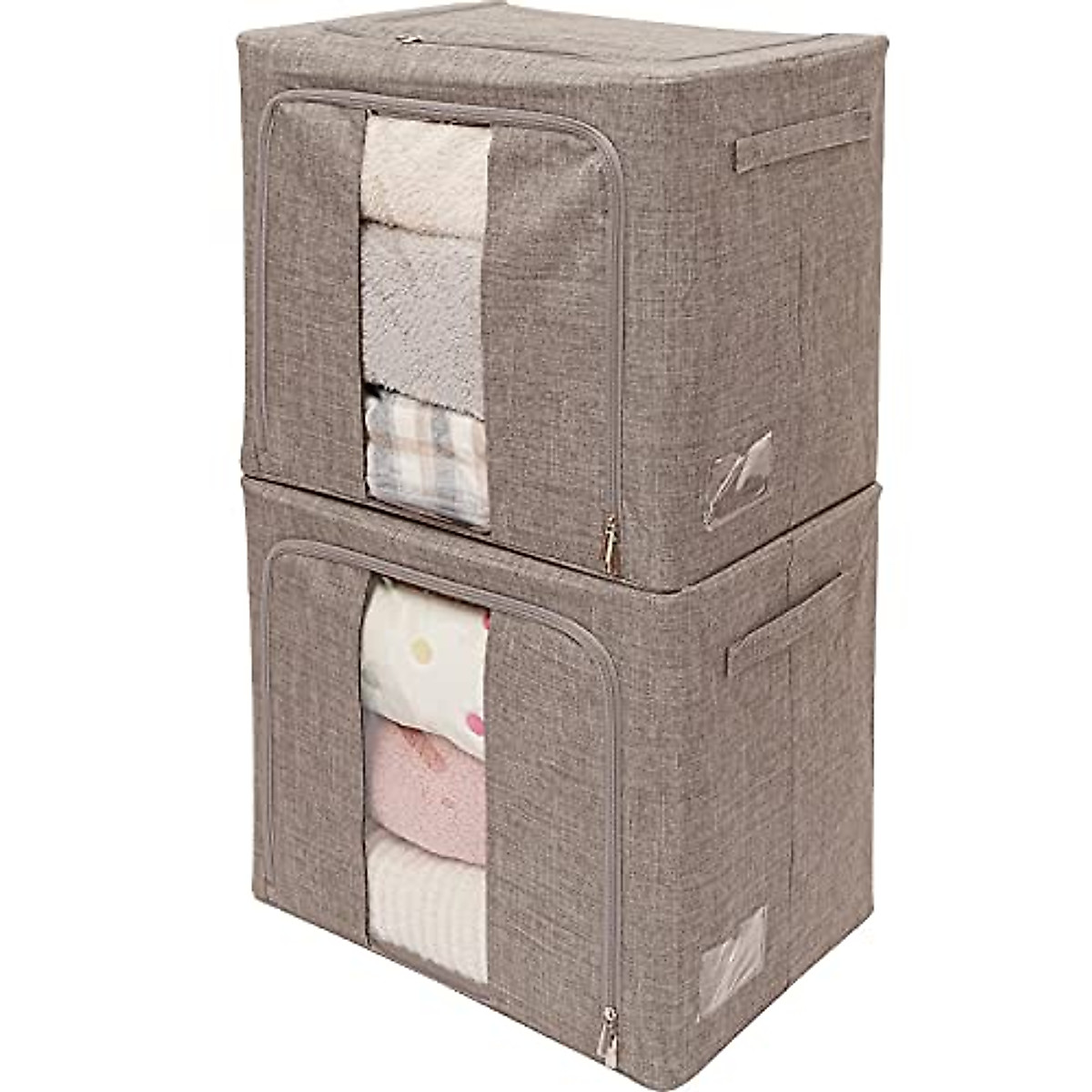 2 Pack 53L Oxford Steel Frame Storage Box for Closet Organization, Collapsible Storage Bins for Clothes blankets, Stackable Storage Boxs with Clear Windows and Handles, Beige