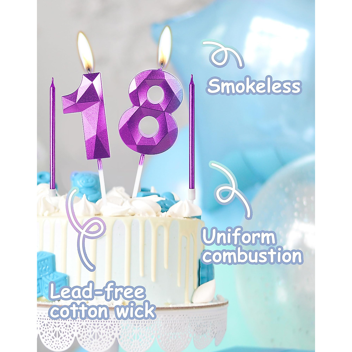 Purple Birthday Candles Number 4 Candle with 6pcs Long Birthday Candles for Cake, 4 Year Old Girl Boy Birthday Party Cake Topper Decorations Wedding Anniversary Celebration Supplies