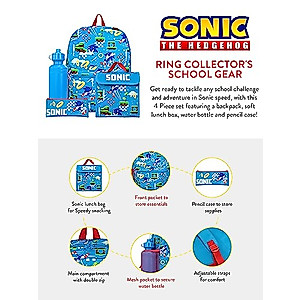 Sonic The Hedgehog Backpack Set | Backpack, Lunchbag, Pencil Case, Water Bottle | Kids Backpack | Blue