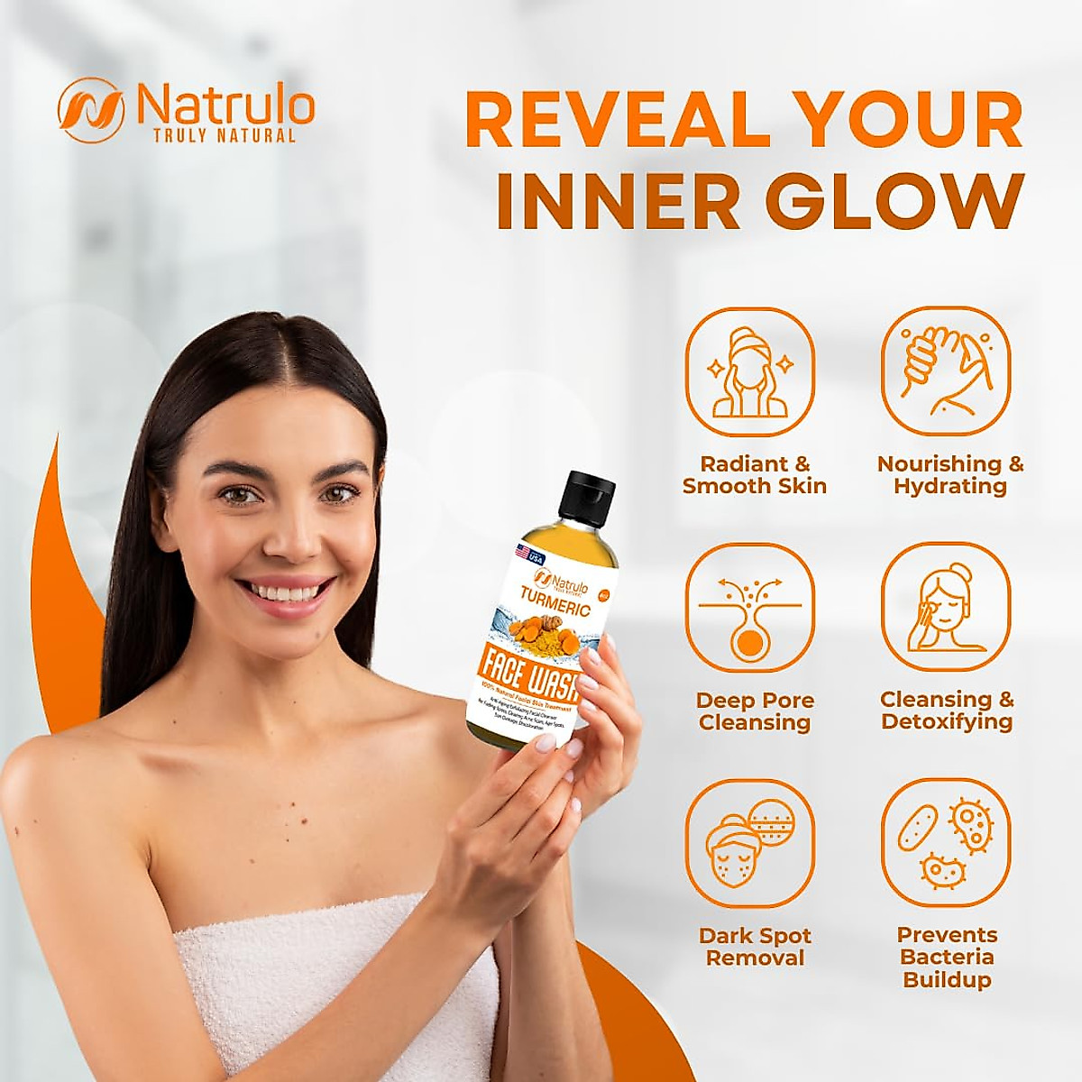 Natrulo Turmeric Face Wash, 4oz Clear Skin Liquid Soap – 100% Natural Anti Aging Exfoliating Turmeric Facial Cleanser for Fading Spots, Clearing Acne Scars, Age Spots, Sun Damage, Discoloration