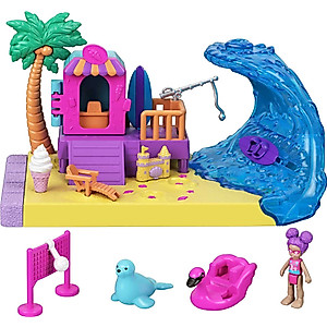 Polly Pocket Pollyville Playset, Sunshine Beach with Micro Doll, Seal Figure, Flamingo Toy Boat & Accessories