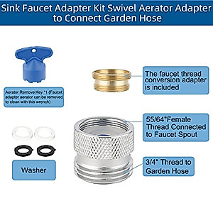 Hibbent Faucet to Garden Hose Adapter Kit, Sink Brass Garden Hose Attachment with Washer & Aerator Key, Multi-Thread Garden Hose Adapter for Male to Male and Female to Male, Chrome
